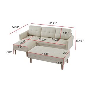 Modern Sectional Sofa Bed, L-Shape Sofa Chaise Lounge with Ottoman Bench for Living Room (Cream White Fabric)