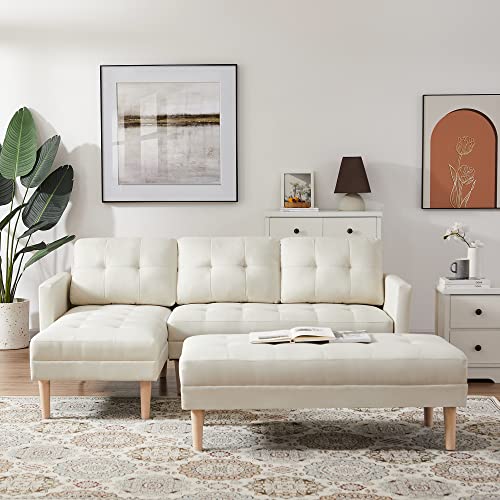 Modern Sectional Sofa Bed, L-Shape Sofa Chaise Lounge with Ottoman Bench for Living Room (Cream White Fabric)