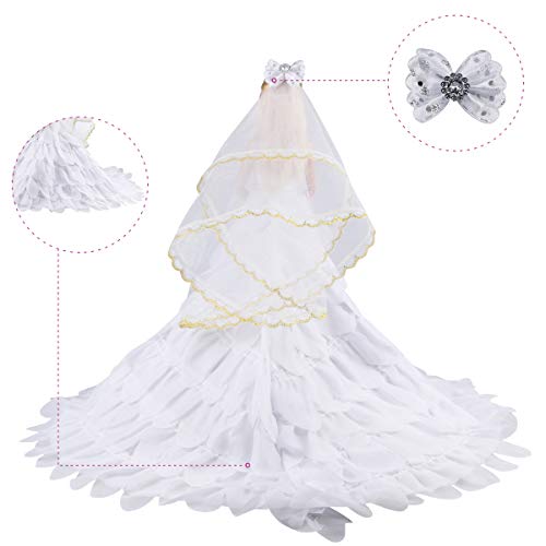 Keysse Doll Clothes Voluminous Skirt Large Trailing Wedding Dress with 5 Accessories, Crown+ Veil+ Bow Hair Clips+ Necklace and Bracelet, Princess Evening Party Clothes Outfit for 11.5" Doll