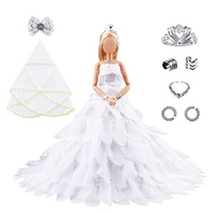 Keysse Doll Clothes Voluminous Skirt Large Trailing Wedding Dress with 5 Accessories, Crown+ Veil+ Bow Hair Clips+ Necklace and Bracelet, Princess Evening Party Clothes Outfit for 11.5" Doll