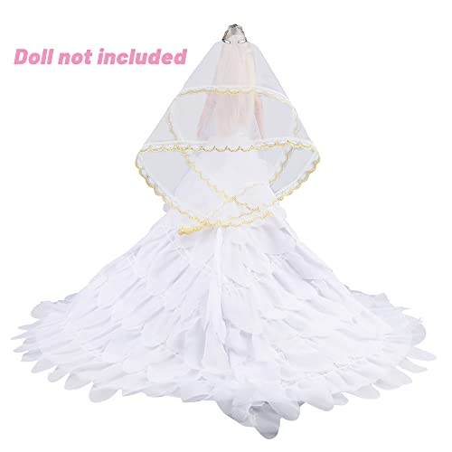 Keysse Doll Clothes Voluminous Skirt Large Trailing Wedding Dress with 5 Accessories, Crown+ Veil+ Bow Hair Clips+ Necklace and Bracelet, Princess Evening Party Clothes Outfit for 11.5" Doll