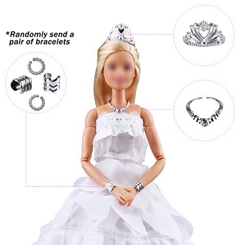 Keysse Doll Clothes Voluminous Skirt Large Trailing Wedding Dress with 5 Accessories, Crown+ Veil+ Bow Hair Clips+ Necklace and Bracelet, Princess Evening Party Clothes Outfit for 11.5" Doll