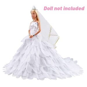 Keysse Doll Clothes Voluminous Skirt Large Trailing Wedding Dress with 5 Accessories, Crown+ Veil+ Bow Hair Clips+ Necklace and Bracelet, Princess Evening Party Clothes Outfit for 11.5" Doll