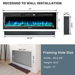 70 Inch Electric Fireplace Inserts, Wall Mounted Fireplace, Led Fireplace with Logs, Recessed Electric Fireplace with Remote Control, Linear Fireplace, 9 Multi Color Flames, 750/1500W