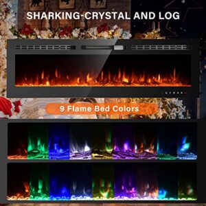 70 Inch Electric Fireplace Inserts, Wall Mounted Fireplace, Led Fireplace with Logs, Recessed Electric Fireplace with Remote Control, Linear Fireplace, 9 Multi Color Flames, 750/1500W