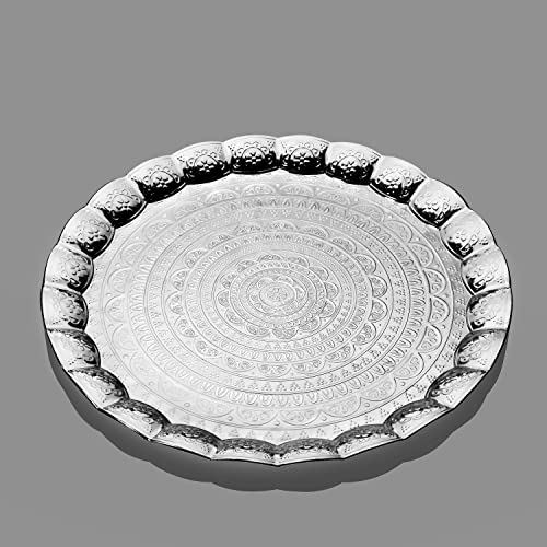 Serving Tray, Coffee Tea Serving Metal Wavy Round Tray 14''(Inches) | Mr Zoni (Silver)