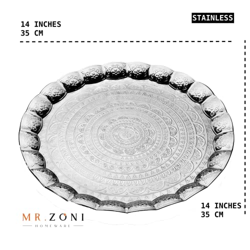 Serving Tray, Coffee Tea Serving Metal Wavy Round Tray 14''(Inches) | Mr Zoni (Silver)