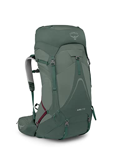 Osprey Aura AG LT 50L Women's Backpacking Backpack, Koseret/Darjeeling Spring Green, WXS/S