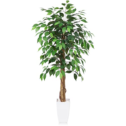 Kazeila Artificial Ficus Tree 4FT Tall Faux Silk Plant with White Taper Planter Fake Greenery Potted Plant for Home Office Decor Indoor