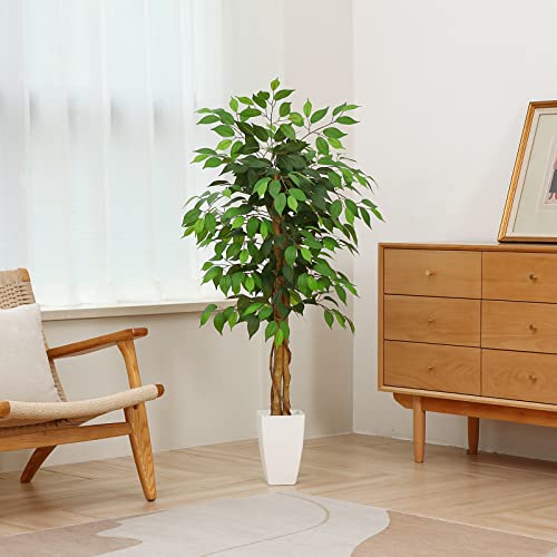 Kazeila Artificial Ficus Tree 4FT Tall Faux Silk Plant with White Taper Planter Fake Greenery Potted Plant for Home Office Decor Indoor