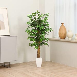 Kazeila Artificial Ficus Tree 4FT Tall Faux Silk Plant with White Taper Planter Fake Greenery Potted Plant for Home Office Decor Indoor