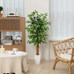 Kazeila Artificial Ficus Tree 4FT Tall Faux Silk Plant with White Taper Planter Fake Greenery Potted Plant for Home Office Decor Indoor