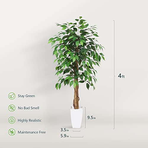 Kazeila Artificial Ficus Tree 4FT Tall Faux Silk Plant with White Taper Planter Fake Greenery Potted Plant for Home Office Decor Indoor