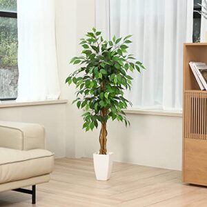 Kazeila Artificial Ficus Tree 4FT Tall Faux Silk Plant with White Taper Planter Fake Greenery Potted Plant for Home Office Decor Indoor