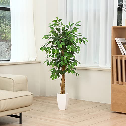 Kazeila Artificial Ficus Tree 4FT Tall Faux Silk Plant with White Taper Planter Fake Greenery Potted Plant for Home Office Decor Indoor