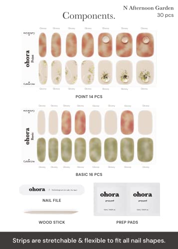 ohora Semi Cured Gel Nail Strips (N Afternoon Garden) - Works with Any Nail Lamps, Salon-Quality, Long Lasting, Easy to Apply & Remove - Includes 2 Prep Pads, Nail File & Wooden Stick