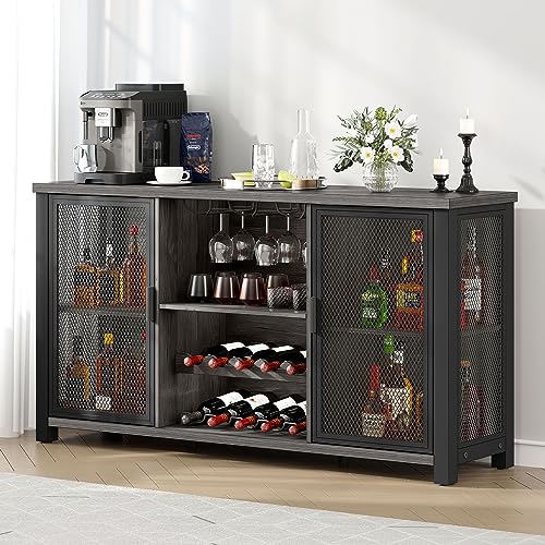 YITAHOME Home Bar Cabinet for Liquor and Glasses, Coffee Bar Cabinet w/Wine Racks, Mesh Door, Glass Holders, Industrial Storage Buffet Cabinet for Kitchen, Dining Room, Living Room, Dark Gray