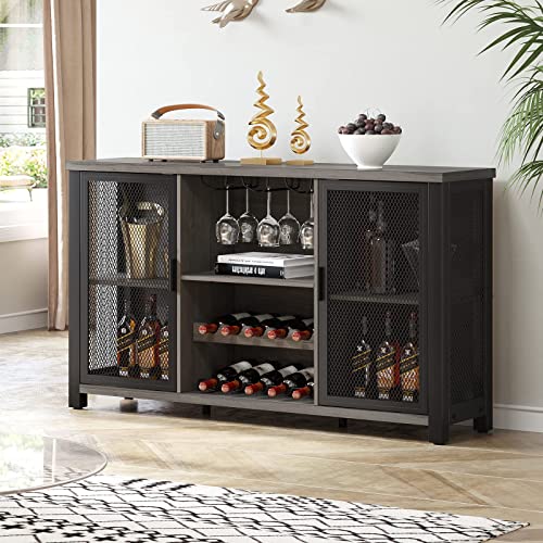 YITAHOME Home Bar Cabinet for Liquor and Glasses, Coffee Bar Cabinet w/Wine Racks, Mesh Door, Glass Holders, Industrial Storage Buffet Cabinet for Kitchen, Dining Room, Living Room, Dark Gray