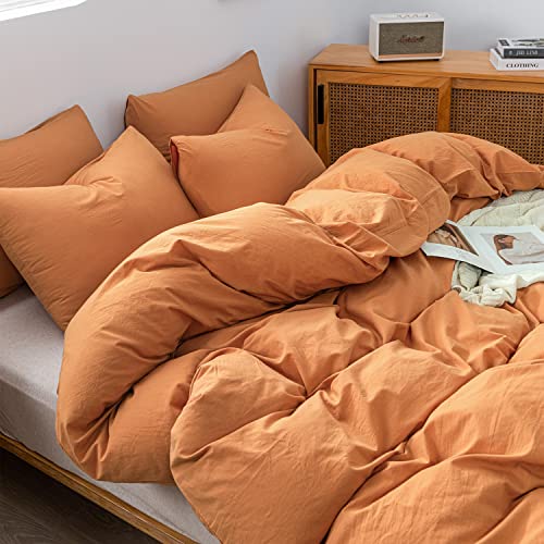 PATSAY 100% Cotton Linen-Like Textured Duvet Cover Set, 3 Piece Luxury Pumpkin Orange Bedding Set Queen Size, Soft and Breathable, with Zipper Closure and Corner Ties (1 Duvet Cover+2 Pillowcases)