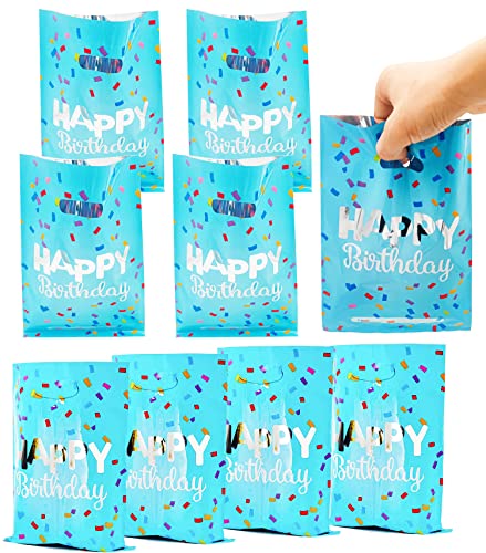 HSPAIDYP 30 Pcs Happy Birthday Party Gift Bags,Happy Birthday Candy Favor Bags,Plastic Gift Candy Gift Bags,Blue Goodies Gift Bags for Kids Baby Showers Birthday Party Decorations (Blue Gift Bags)