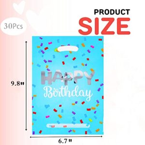 HSPAIDYP 30 Pcs Happy Birthday Party Gift Bags,Happy Birthday Candy Favor Bags,Plastic Gift Candy Gift Bags,Blue Goodies Gift Bags for Kids Baby Showers Birthday Party Decorations (Blue Gift Bags)