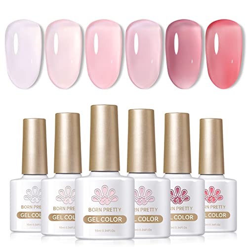 Born Pretty Jelly Gel Nail Polish Sheer Pink Gel Nail Polish Crystal Transparent Milky Gel Polish Kit Nail Art Varnish Collection Gift Set 10ML 6PCS