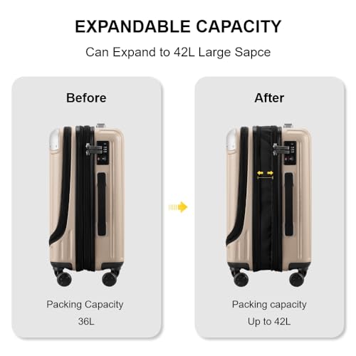 LEVEL8 Grace EXT Carry On Luggage, 20” Expandable Hardside Suitcase, ABS+PC Harshell Spinner Luggage with TSA Lock, Spinner Wheels - Champagne, 20” Carry-On