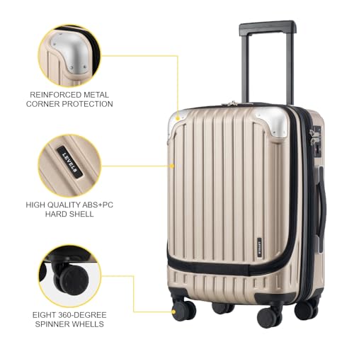 LEVEL8 Grace EXT Carry On Luggage, 20” Expandable Hardside Suitcase, ABS+PC Harshell Spinner Luggage with TSA Lock, Spinner Wheels - Champagne, 20” Carry-On