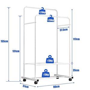 MOUTIK Double Rod Clothing Hanging Rack: Metal Rolling Garment Organizer Hanger with 2 Tier Storage Shelves - Indoor Bedroom Clothes Rack Max Load 110LBS Shelf on Wheels(White)