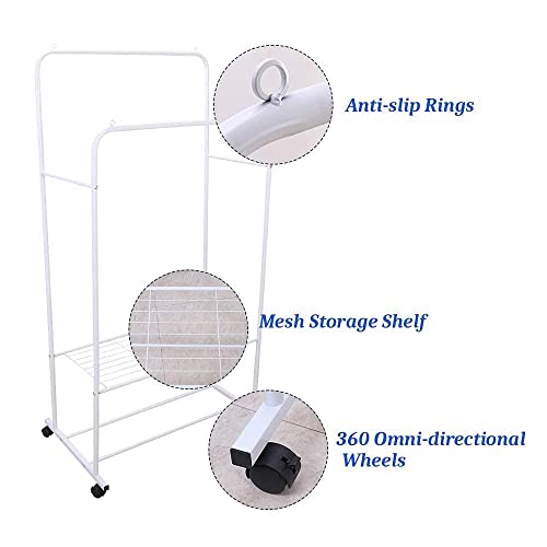 MOUTIK Double Rod Clothing Hanging Rack: Metal Rolling Garment Organizer Hanger with 2 Tier Storage Shelves - Indoor Bedroom Clothes Rack Max Load 110LBS Shelf on Wheels(White)