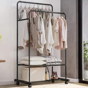 MOUTIK Double Rod Clothing Hanging Rack: Metal Rolling Garment Organizer Hanger with 2 Tier Storage Shelves - Industrial Rail Hang Clothes Display Stand on Wheels for Coat Dress Bedroom Black