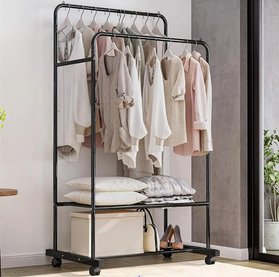 MOUTIK Double Rod Clothing Hanging Rack: Metal Rolling Garment Organizer Hanger with 2 Tier Storage Shelves - Industrial Rail Hang Clothes Display Stand on Wheels for Coat Dress Bedroom Black