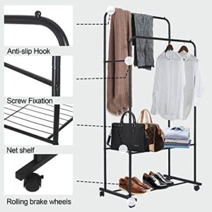 MOUTIK Double Rod Clothing Hanging Rack: Metal Rolling Garment Organizer Hanger with 2 Tier Storage Shelves - Industrial Rail Hang Clothes Display Stand on Wheels for Coat Dress Bedroom Black