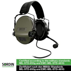 Sordin Supreme MIL CC Slim Active Ear Defenders - Leather Band & Foam Kits - Nexus Radio Downlead - Green Ear Muffs