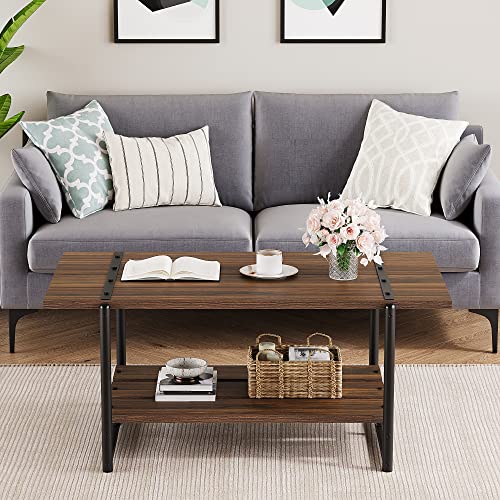 2-Tier Modern Industrial 41'' Large Wood Coffee Table with Storage Shelf - Rustic Metal Rectangle Center Living Room Coffee Table Accent Furniture for Home Office, Brown Walnut