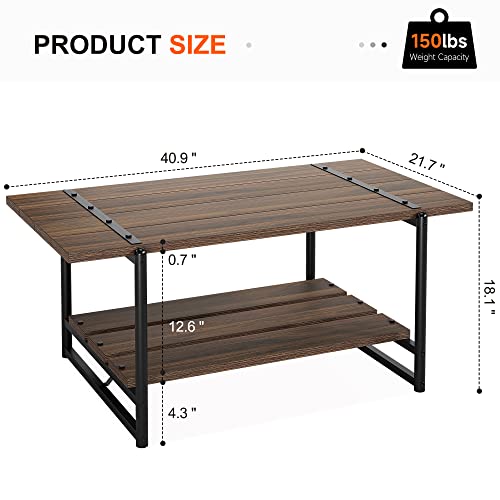 2-Tier Modern Industrial 41'' Large Wood Coffee Table with Storage Shelf - Rustic Metal Rectangle Center Living Room Coffee Table Accent Furniture for Home Office, Brown Walnut