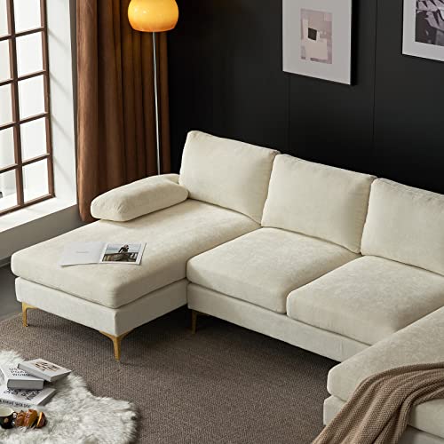 Karl home Convertible Sectional Sofa 110" U-Shape Sofa Couch 4-Seat Couch with Chaise ChenilleFabric Upholstered for Living Room, Apartment, Office, Creamy White