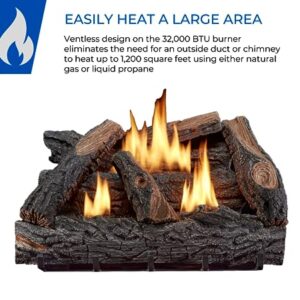 HearthSense VFL24T Dual Fuel Ventless Fireplace Logs Set with Thermostat, Use with Natural Gas or Liquid Propane, 32000 BTU, Heats up to 1100 Sq. Ft, Brown, 24 Inches