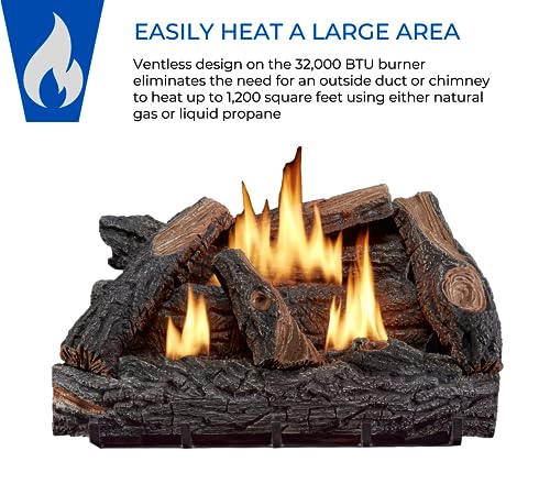 HearthSense VFL24T Dual Fuel Ventless Fireplace Logs Set with Thermostat, Use with Natural Gas or Liquid Propane, 32000 BTU, Heats up to 1100 Sq. Ft, Brown, 24 Inches