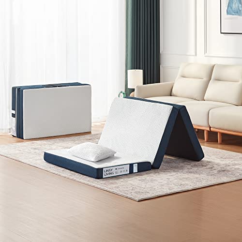 LINSY LIVING Folding Mattress, 4 Inch Trifold Mattress with Washable Tencel Cover, Single Memory Foam Mattess, Foldable, Portable, Easy Storage Sofa Bed, Single Size, 74" * 25"