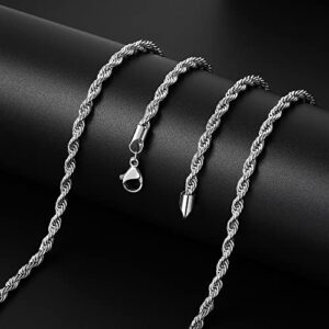 Fiusem Silver Tone 3mm Chain Necklace, Stainless Steel Rope Chain for Men and Women, Mens Necklace 20 Inch