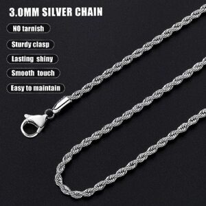 Fiusem Silver Tone 3mm Chain Necklace, Stainless Steel Rope Chain for Men and Women, Mens Necklace 20 Inch