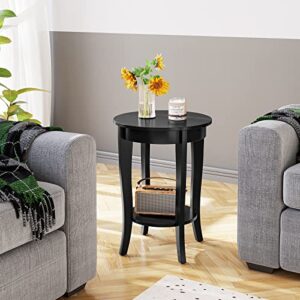 IDEALHOUSE Black End Table Living Room Small Side Table with 2-Tier Storage Shelves Round Bedside Tables Bedroom Elegant Slim Coffee Table for Small Spaces