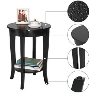 IDEALHOUSE Black End Table Living Room Small Side Table with 2-Tier Storage Shelves Round Bedside Tables Bedroom Elegant Slim Coffee Table for Small Spaces