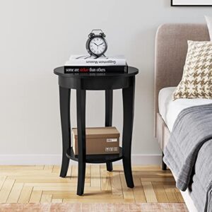 IDEALHOUSE Black End Table Living Room Small Side Table with 2-Tier Storage Shelves Round Bedside Tables Bedroom Elegant Slim Coffee Table for Small Spaces