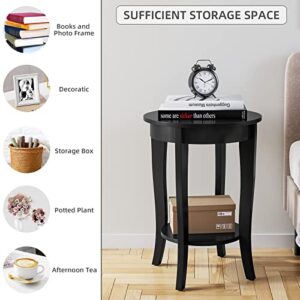 IDEALHOUSE Black End Table Living Room Small Side Table with 2-Tier Storage Shelves Round Bedside Tables Bedroom Elegant Slim Coffee Table for Small Spaces