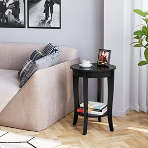 IDEALHOUSE Black End Table Living Room Small Side Table with 2-Tier Storage Shelves Round Bedside Tables Bedroom Elegant Slim Coffee Table for Small Spaces