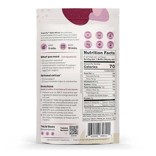 Superfy Superfood Powder Elderberry Gluten Free Cake Mix – Energy Boost, Support Digestive Health, Vegan Cake Flour for Baking Gluten Free Cupcakes, Plant-based Muffin Mix (6 Muffins)