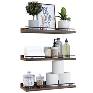 wopitues floating shelves with black metal guardrail, shelves for wall decor set of 3, wall shelves for bedroom, bathroom, kitchen, living room, plants, picture frames, art- dark brown