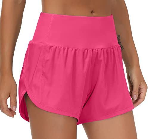 THE GYM PEOPLE Womens High Waisted Running Shorts Quick Dry Athletic Workout Shorts with Mesh Liner Zipper Pockets (Bright Pink, Small)